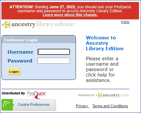 ProQuest Platform login for access to Ancestry Library Edition