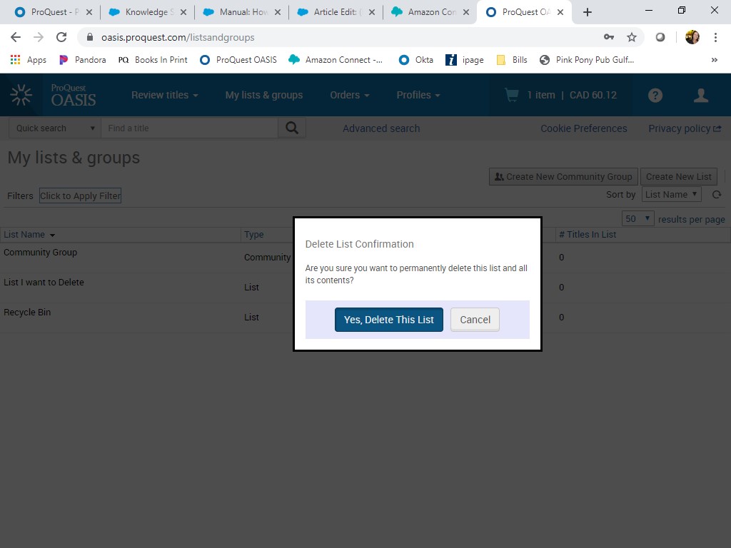 How do I delete a list in OASIS