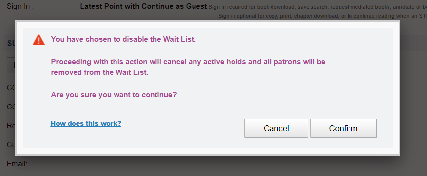 Ebook Central Admin: How do I enable the Wait List for my Ebook Central titles?