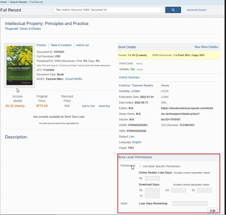 Ebook Central Admin: Book Level Permissions setting