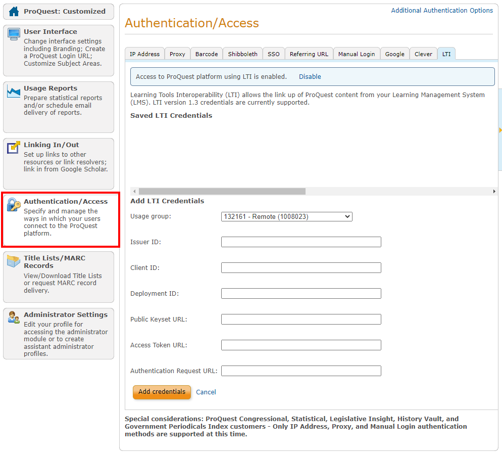 ProQuest Administrator Module Overview - Authentication/Access