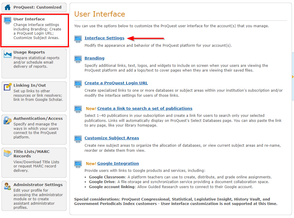 ProQuest Administrator Module Overview - User Interface