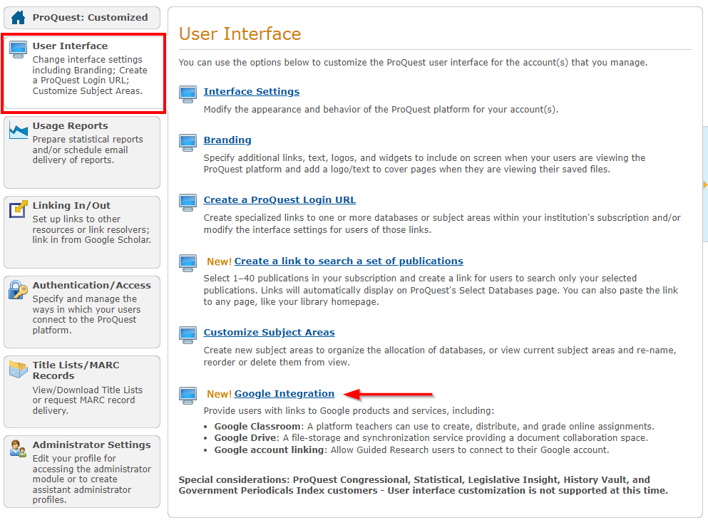 ProQuest Administrator Module Overview - User Interface