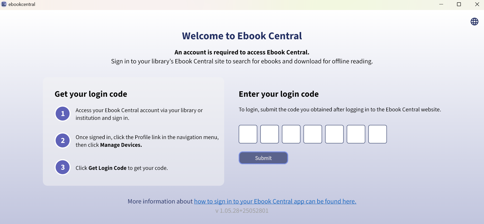 How do I log in to the Ebook Central App on my device?